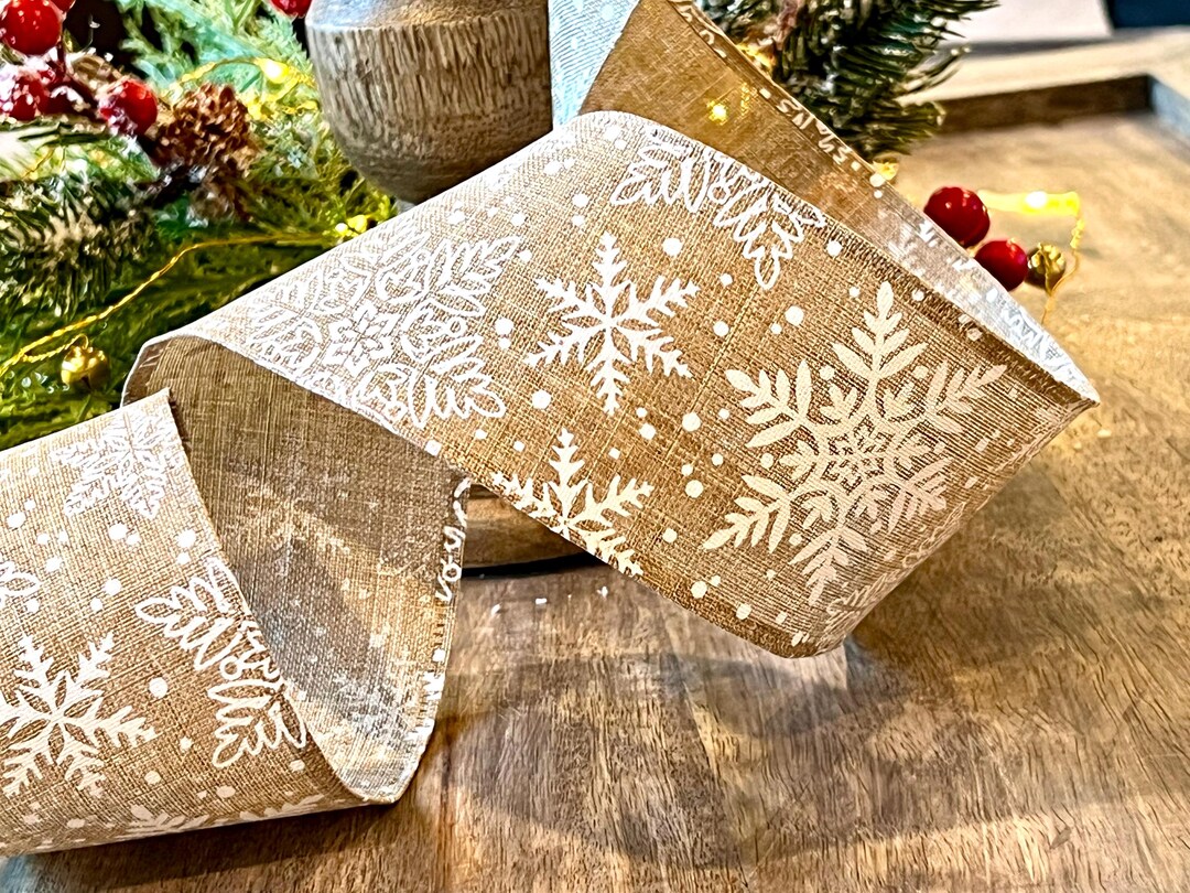 8 Yard Snowflake Tan Burlap Feel Wired Christmas Ribbon - White ...