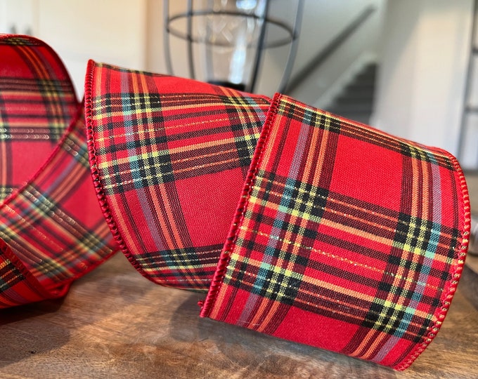 50 Yards Luxe Tartan Plaid Wired Christmas Ribbon Red Blue Yellow W ...