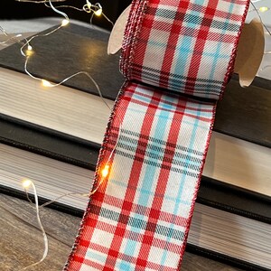 8 Yards Baby Blue and Red Tartan Plaid Wired Christmas Ribbon - 2 1/2 ...