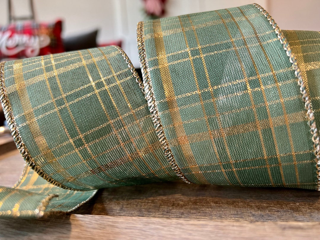 Sage Green and Gold Wired Christmas Ribbon Gold Plaid on - Etsy
