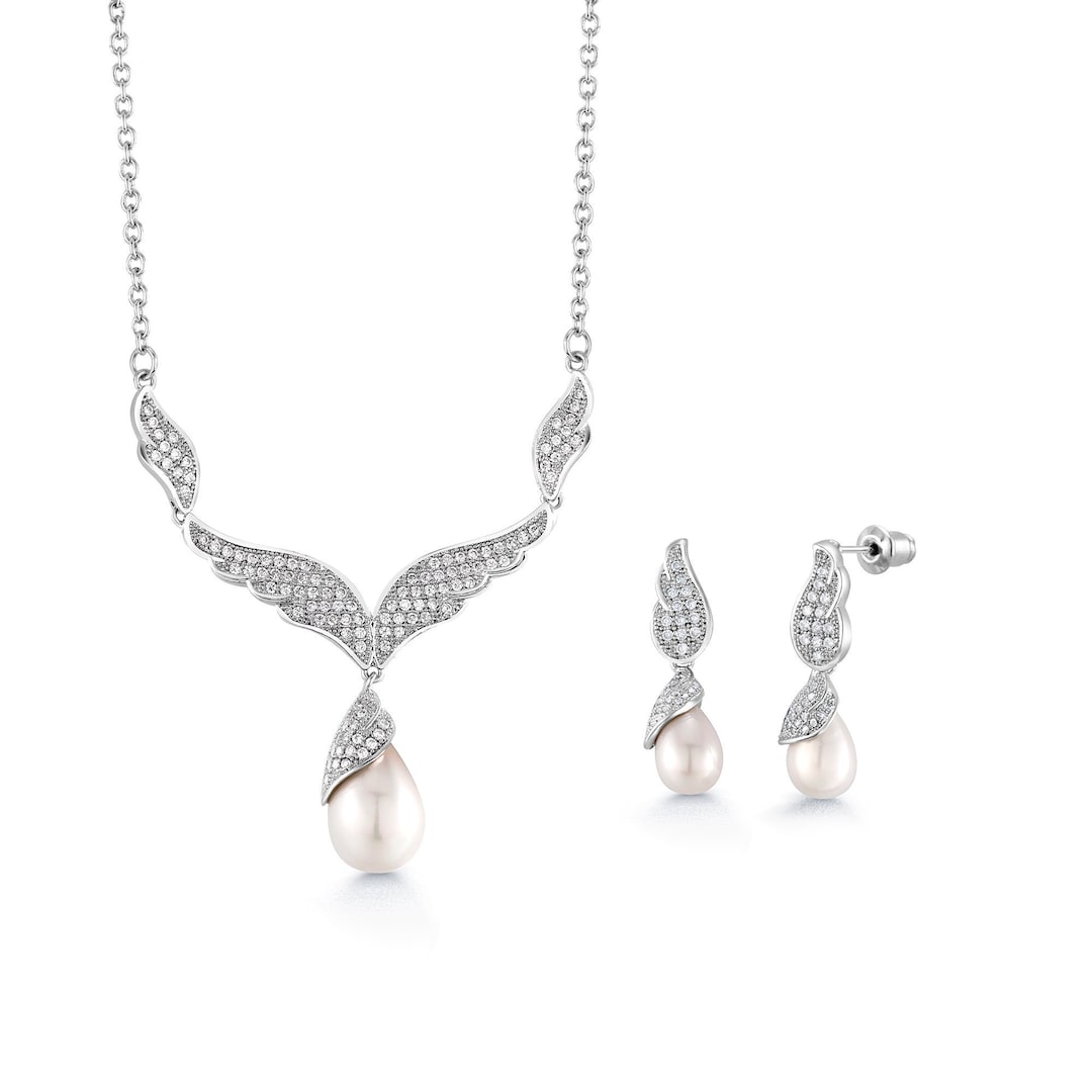 Genuine Freshwater Pearl Angel Wings Earrings Necklace Set -16 Inch ...