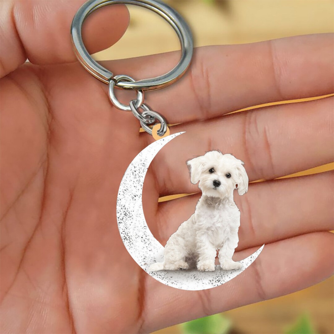 Maltese Sit on the Moon Keychain, Maltese Dog Key Chain, Dog Key Chain ...
