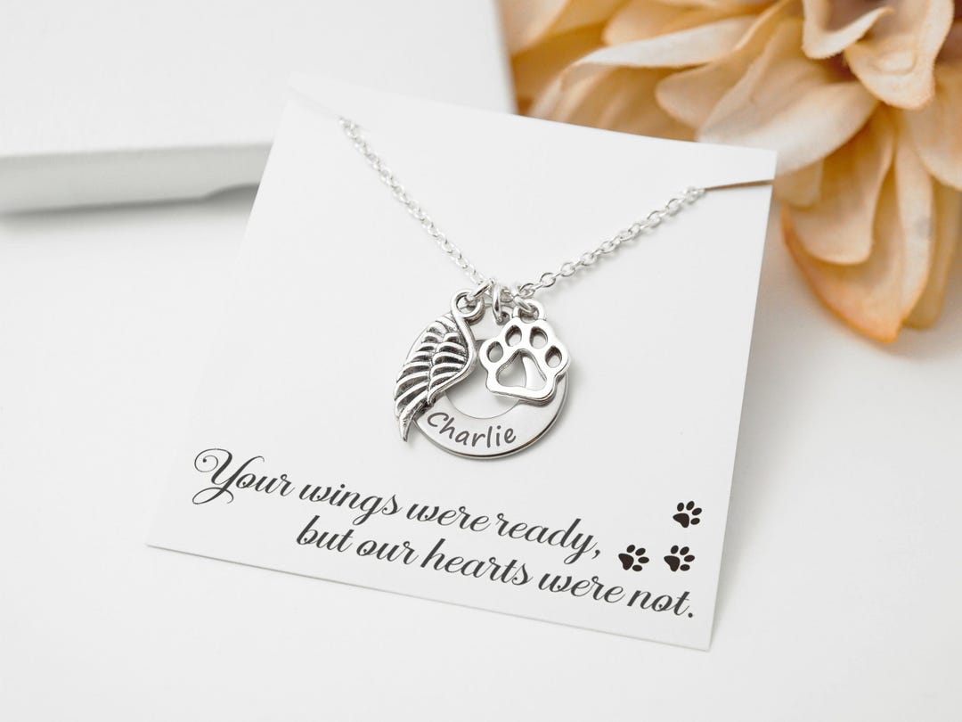 Dog Memorial Name Necklace – Antique Silver Dog Paw & Angel Wing Charm ...