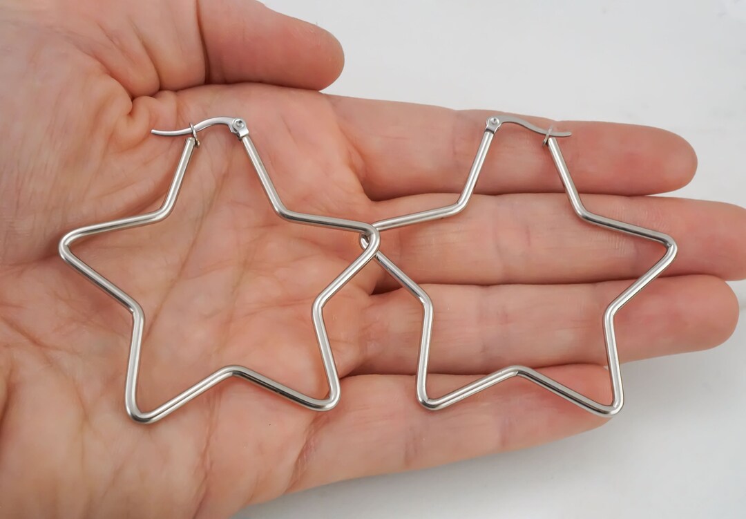 Silver Star Hoops - 60mm Star Hooping Earrings - 2.4 Inch Hoops ...