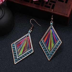 Diamond Shaped Handmade String Earrings, Boho Earrings, Knit Thread ...