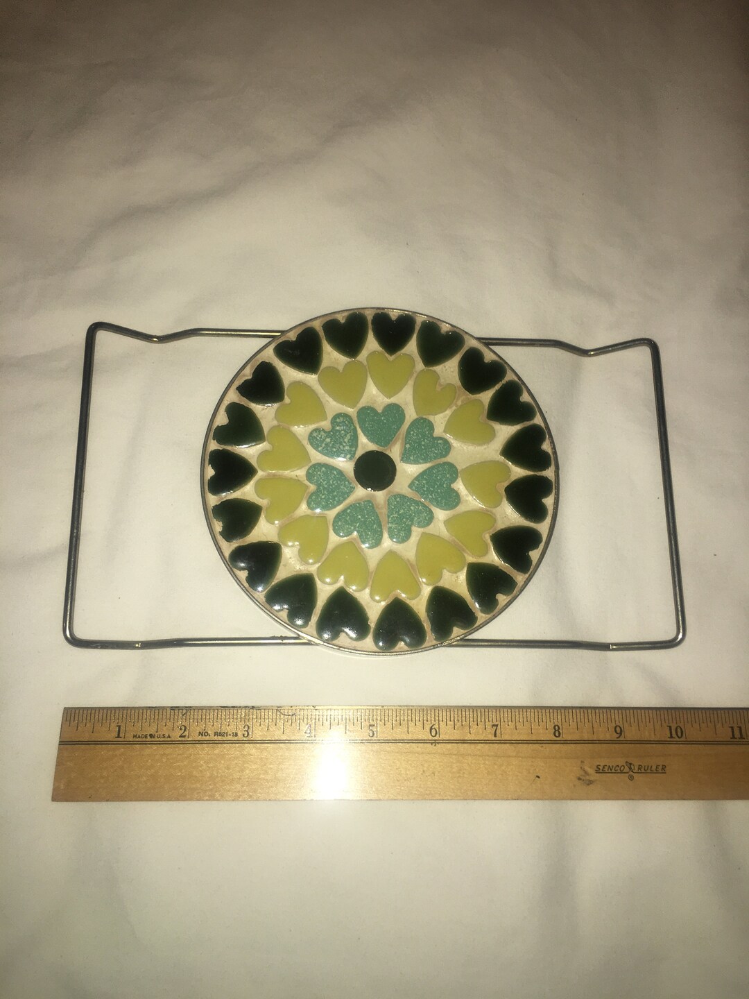 Vintage MCM 1970s Mosaic Heart Motif Ceramic and Brass Round Handled ...