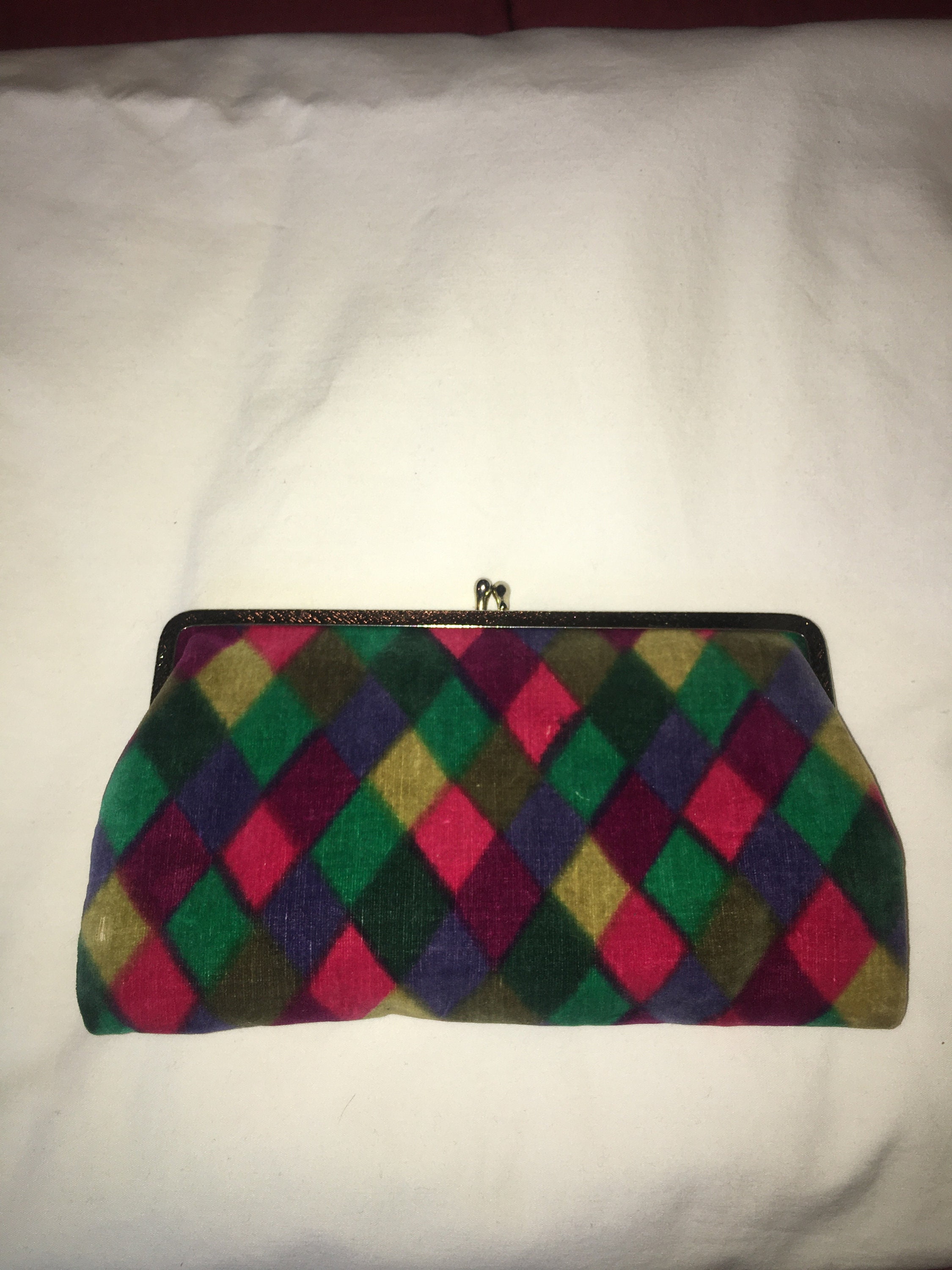 Vintage 70s 80s Harlequin Diamond Velvet Double Wallet Coin Purse ...