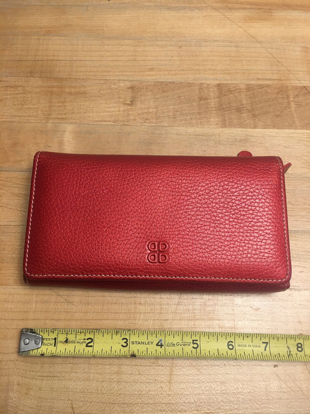 Womens Bright Red Pebble Leather Bi Fold Wallet EUC 4 Cash Pocket Snap ...
