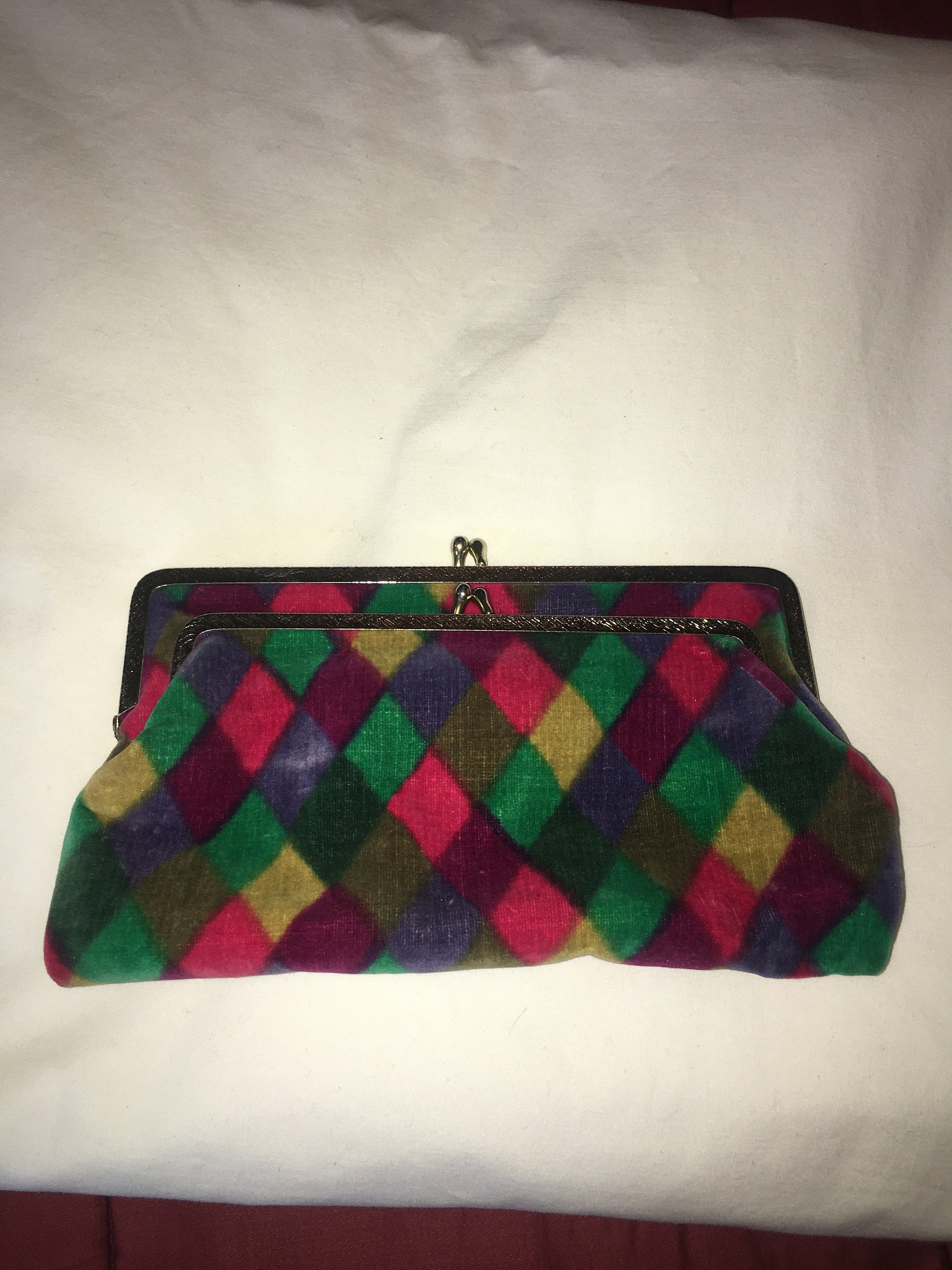 Vintage 70s 80s Harlequin Diamond Velvet Double Wallet Coin Purse ...