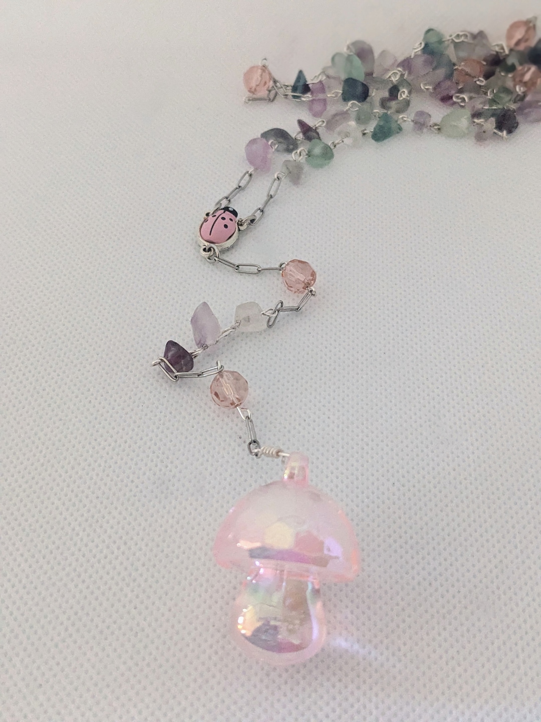 Pink Mushroom and Ladybug Rosery Prayer Beads With Fluorite Chip Beads ...