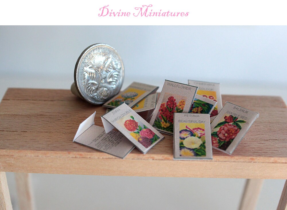 Vintage Flower Seed Packets Set 2, 1/12 Scale, Miniature Garden Decor ...