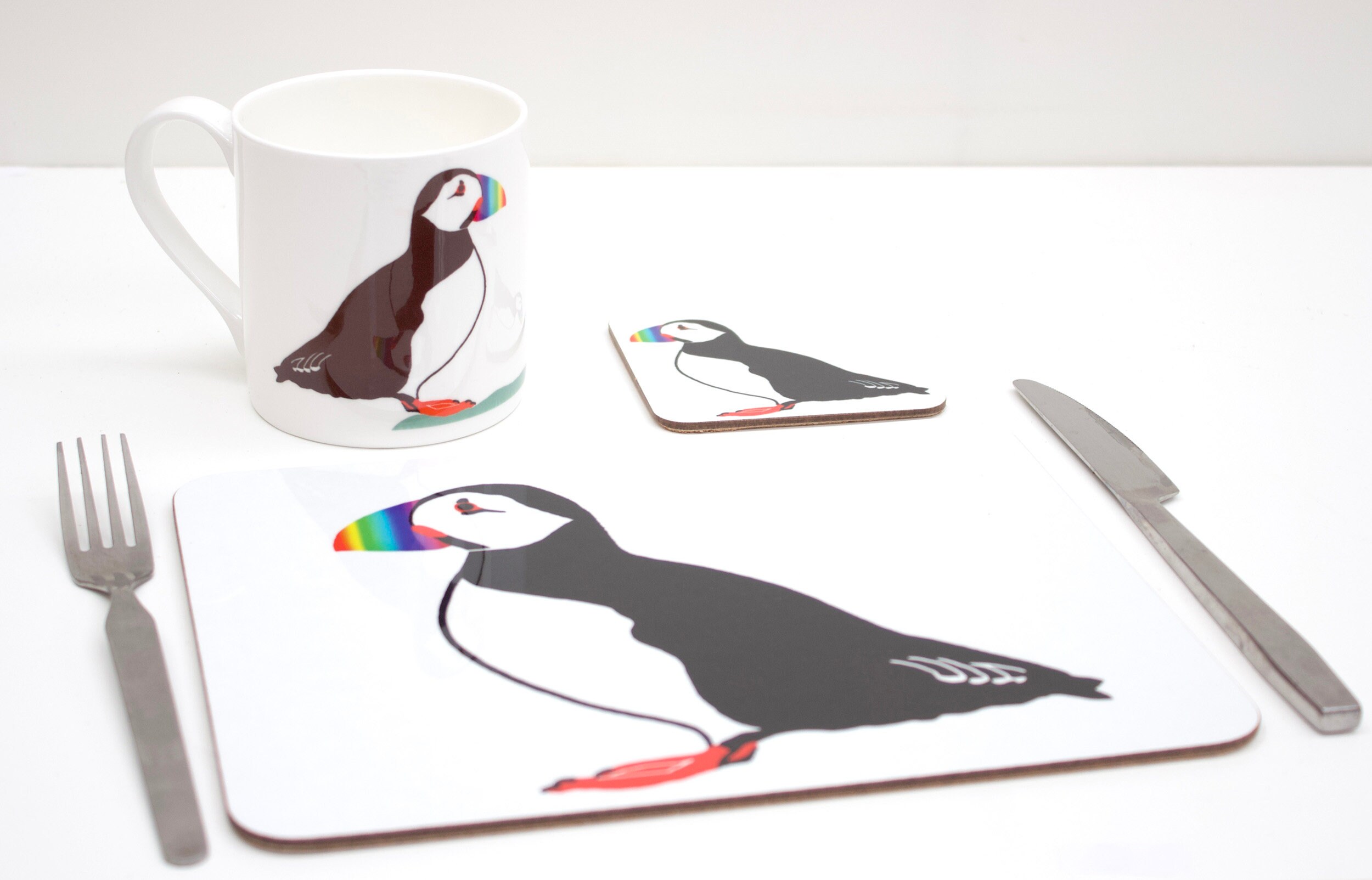 Rainbow Beak Puffins Drawing Melamine and Cork Backed - Etsy