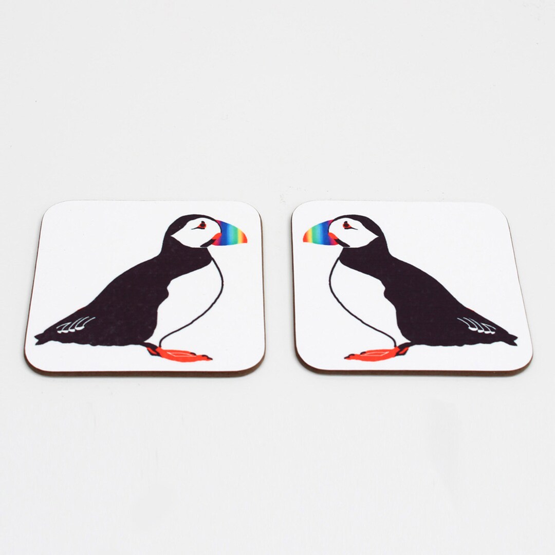 Rainbow Puffin Coaster Set - Etsy