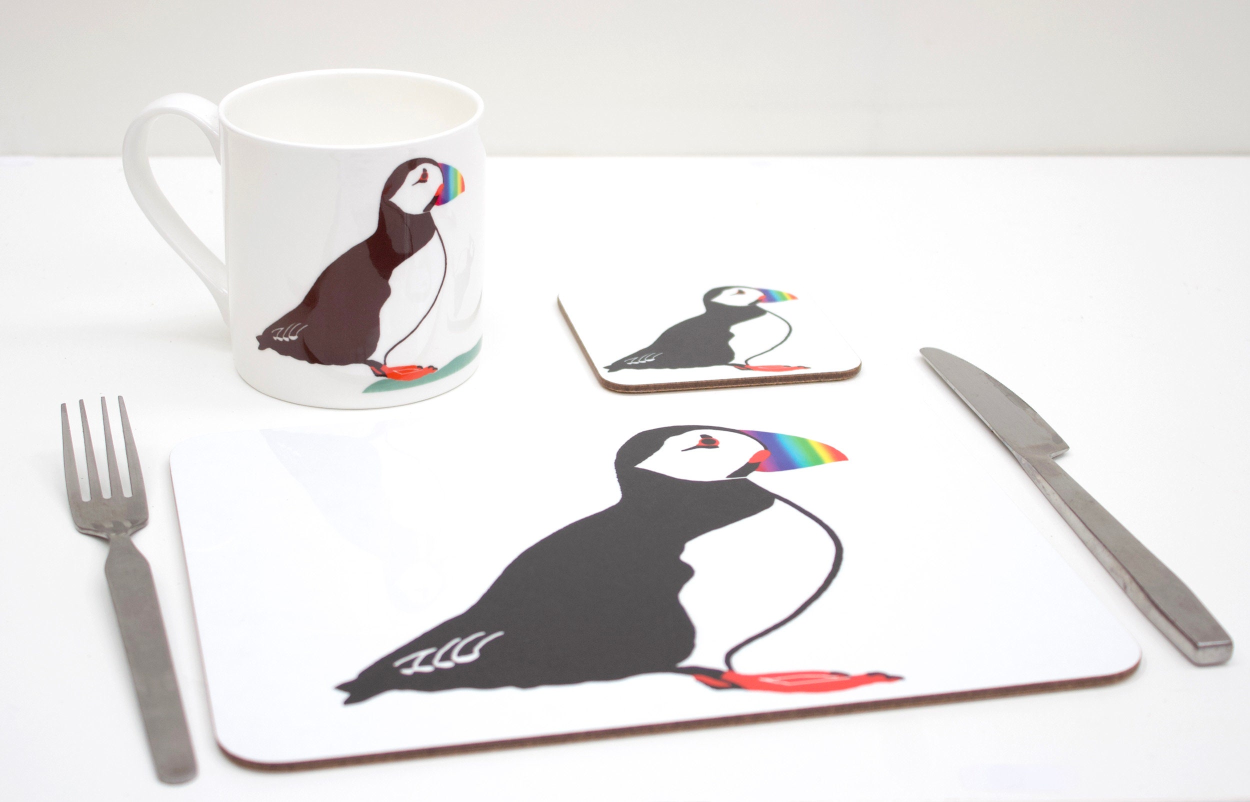 Rainbow Beak Puffins Drawing Melamine and Cork Backed - Etsy