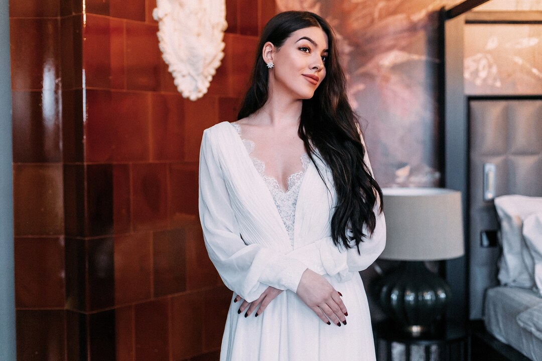 Romantic A-line Deep V-shape Neckline Long Tail Chiffon Wedding Dress ...