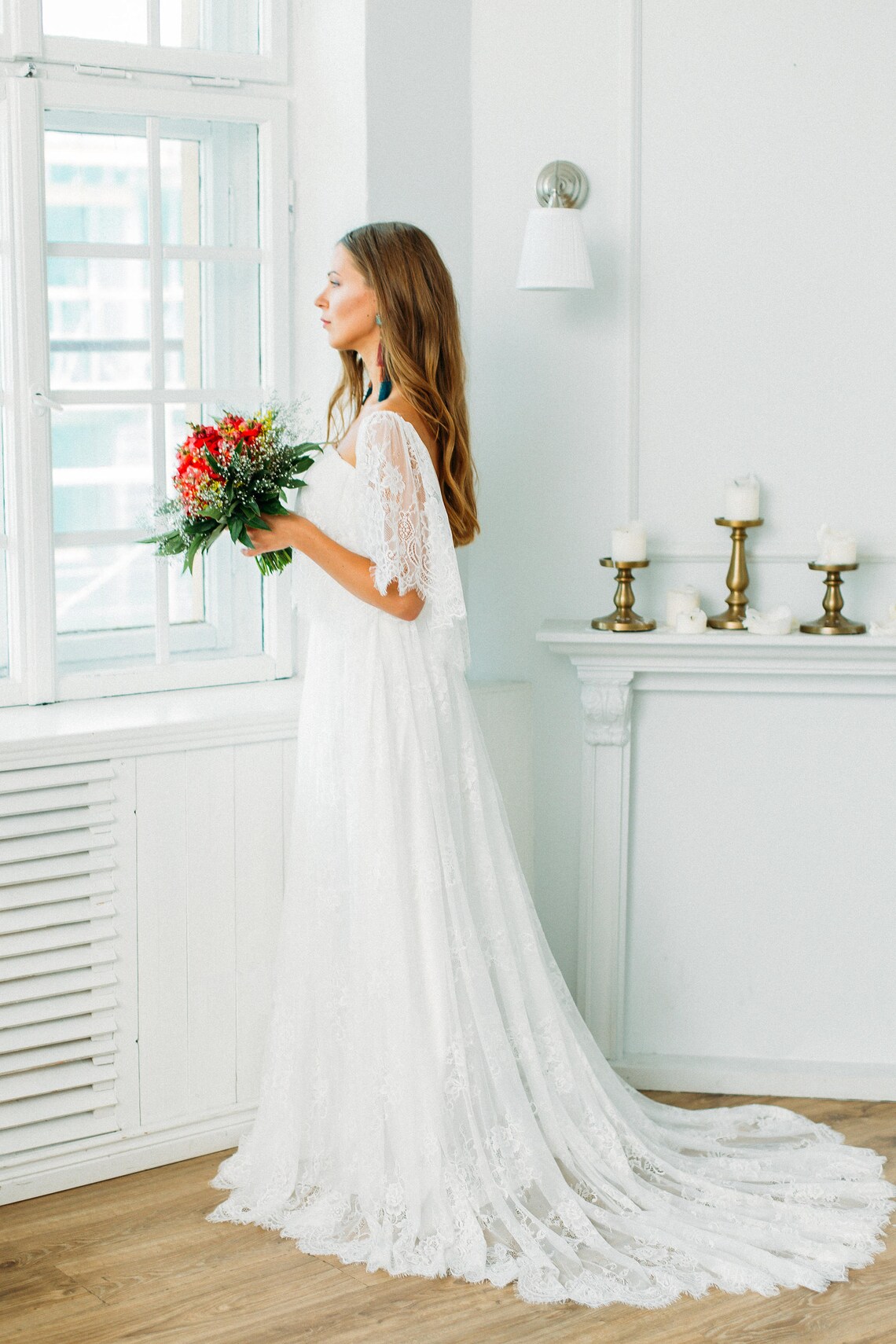 Romantic Boho Style A-line Straight Neckline Long Train Lace - Etsy