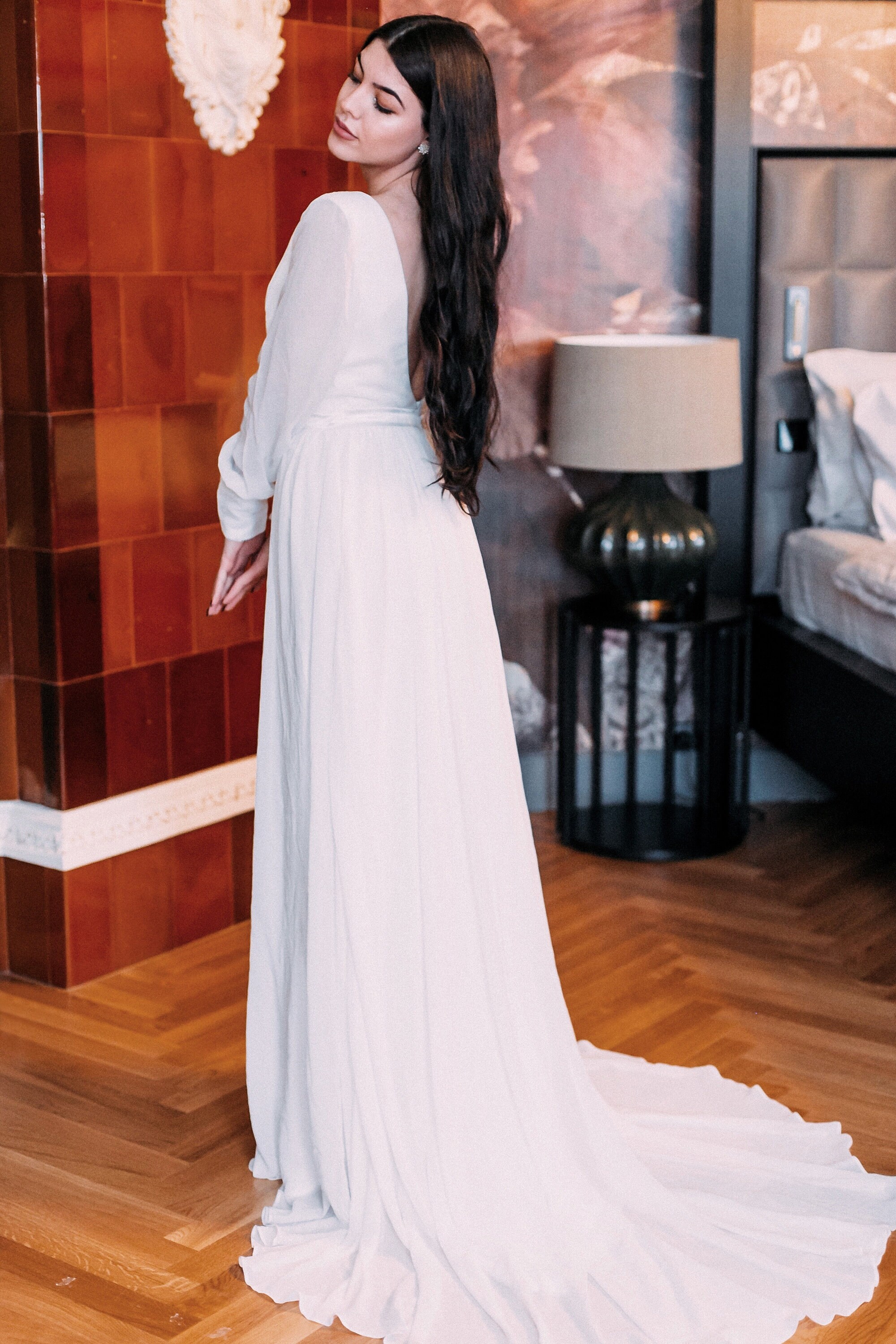 Romantic A Line Deep V Shape Neckline Long Tail Chiffon Etsy