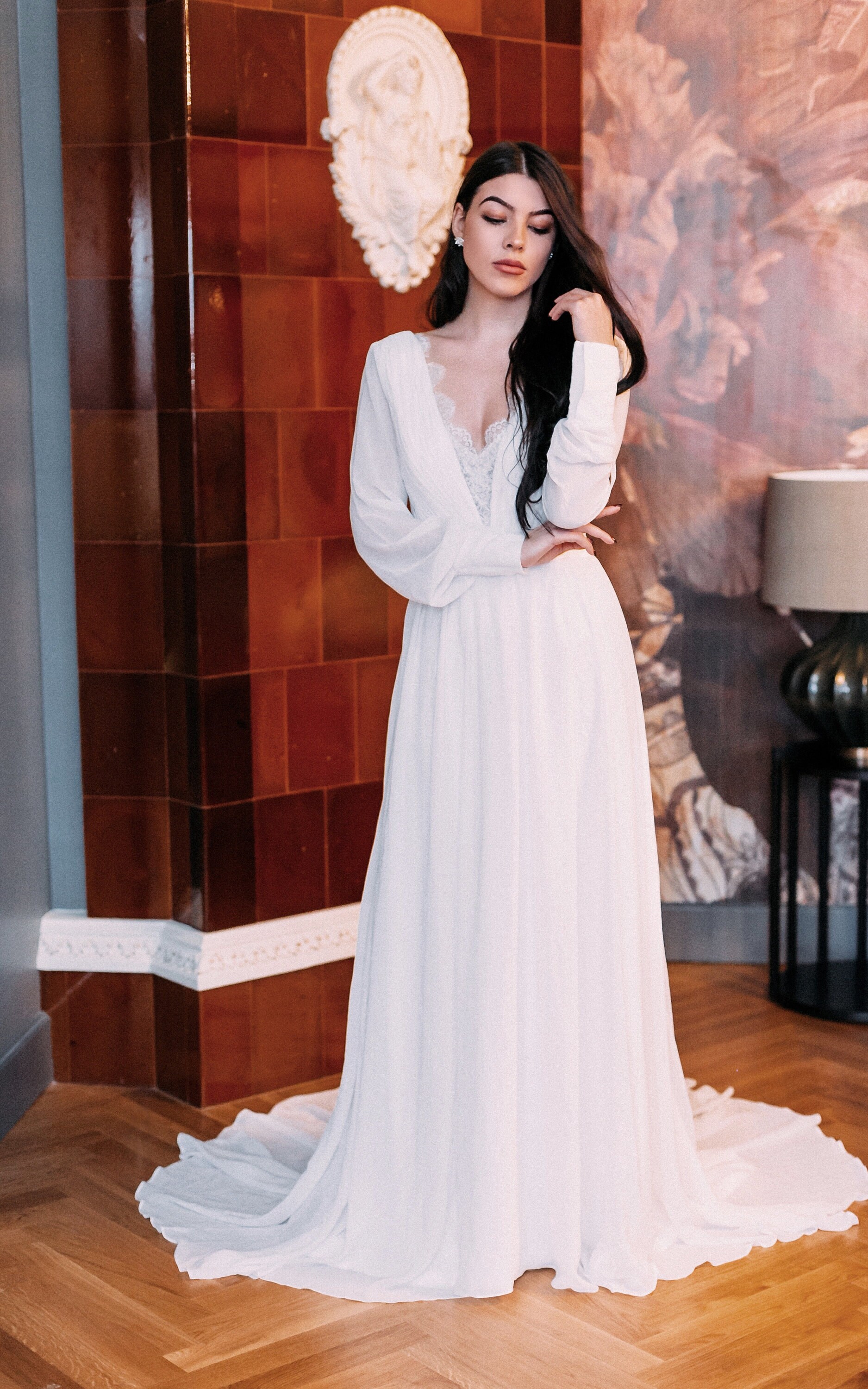 Romantic A-line Deep V-shape Neckline Long Tail Chiffon Wedding Dress ...