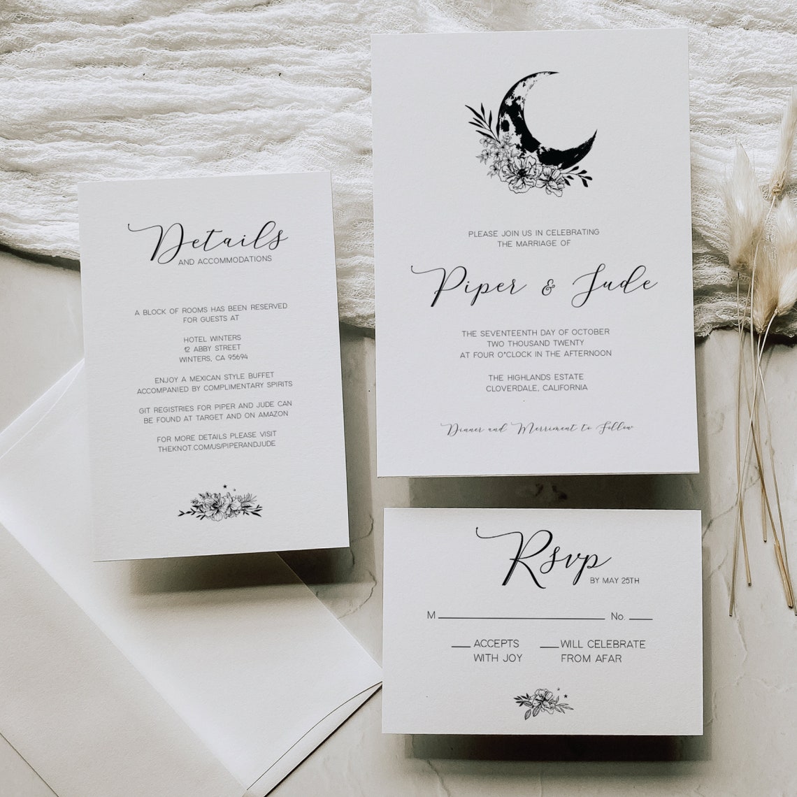 MOON FLOWER | Moon Wedding Invitation; Moon and Stars; Boho Floral Moon ...