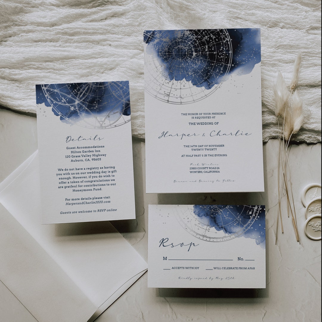 Silver : Celestial Star Chart Wedding Invitation; Moon and Stars ...