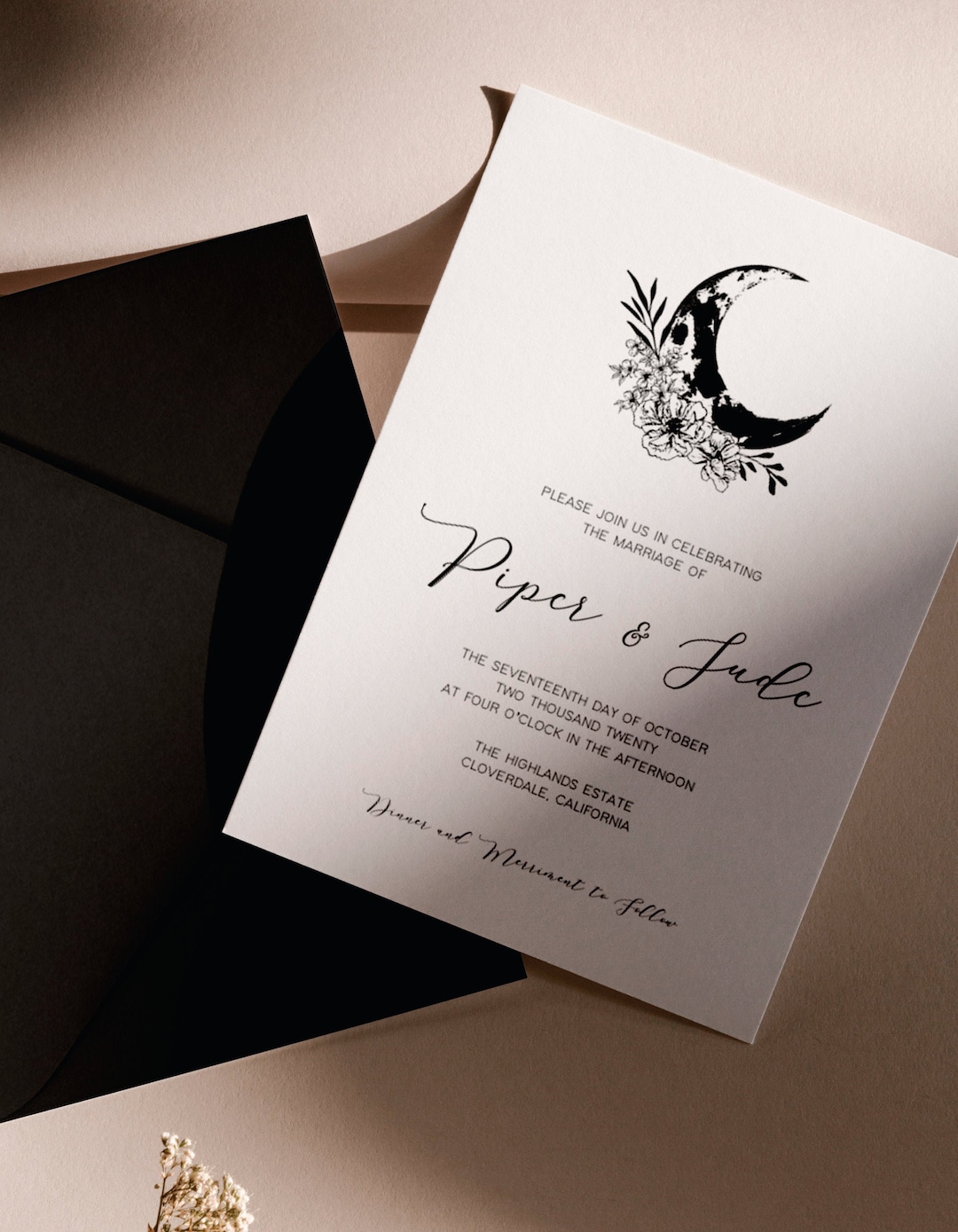 MOON FLOWER | Moon Wedding Invitation; Moon and Stars; Boho Floral Moon ...