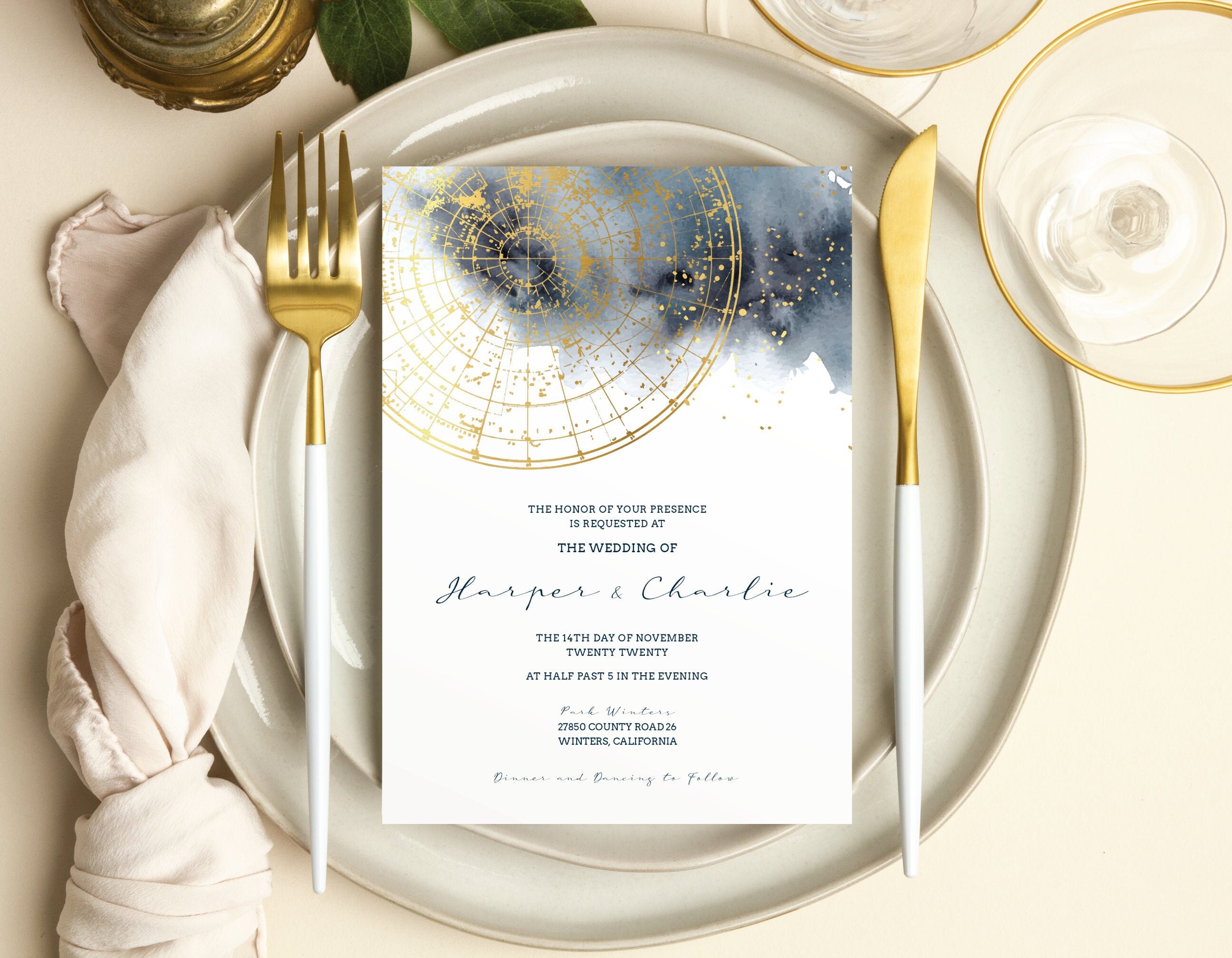 Celestial Star Chart Wedding Invitation; Moon and Stars Astronomy; Navy ...