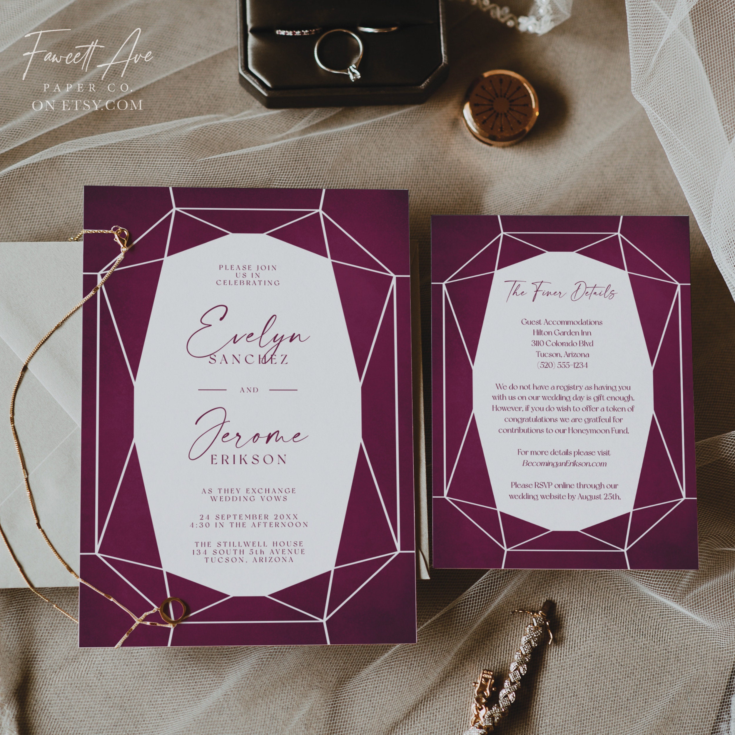 MAGENTA | Wedding Invitation Set; Jewel Tone Wedding Invitation; Gem ...
