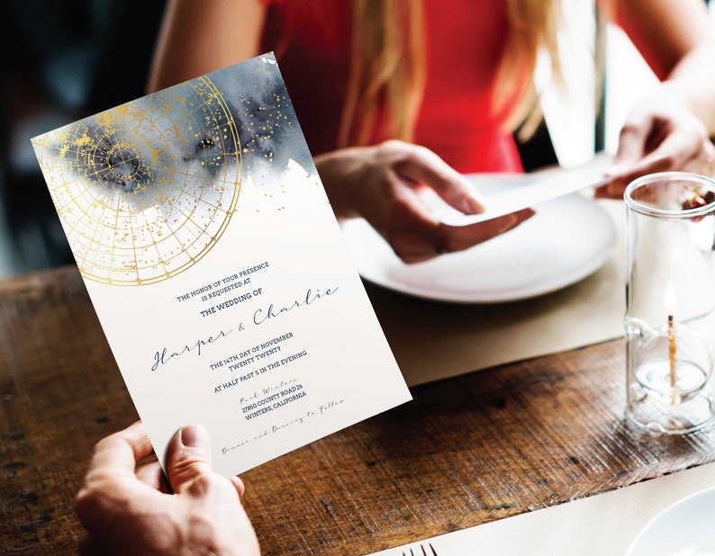 Celestial Star Chart Wedding Invitation; Moon and Stars Astronomy; Navy ...