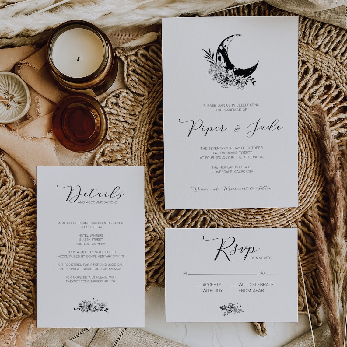 MOON FLOWER | Moon Wedding Invitation; Moon and Stars; Boho Floral Moon ...