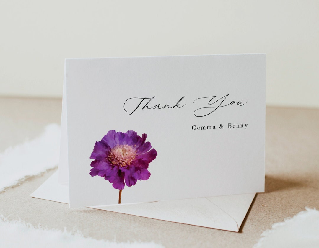 GEMMA | Purple Floral Thank You Card; Purple Wedding Thank You; Custom ...