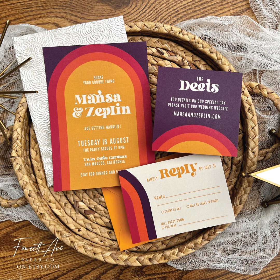 Retro 70's Wedding Invitation Set; Disco Wedding Invitation; Retro Arch ...