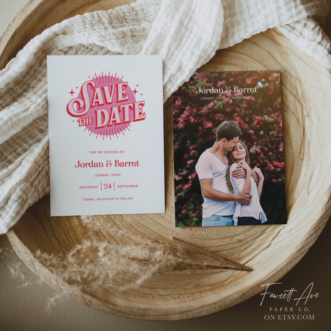 RETRO | Pink + Red 70's Inspired Save the Date; Vintage 60's Save the ...
