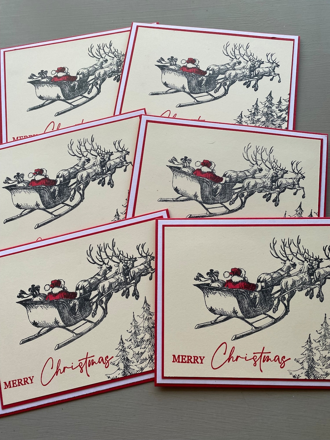 Santa and Sleigh Christmas Cards With Envelopes, Set of 4 or 6, Merry ...