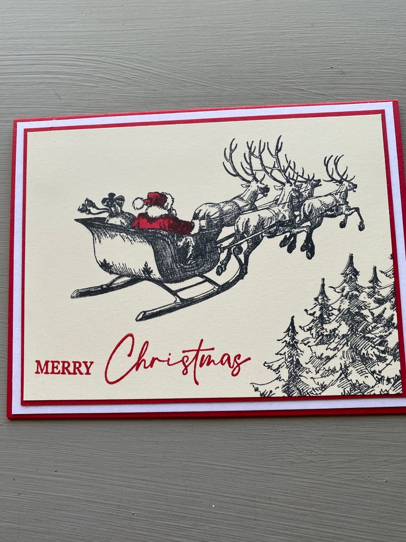 Santa and Sleigh Christmas Cards With Envelopes, Set of 4 or 6, Merry ...