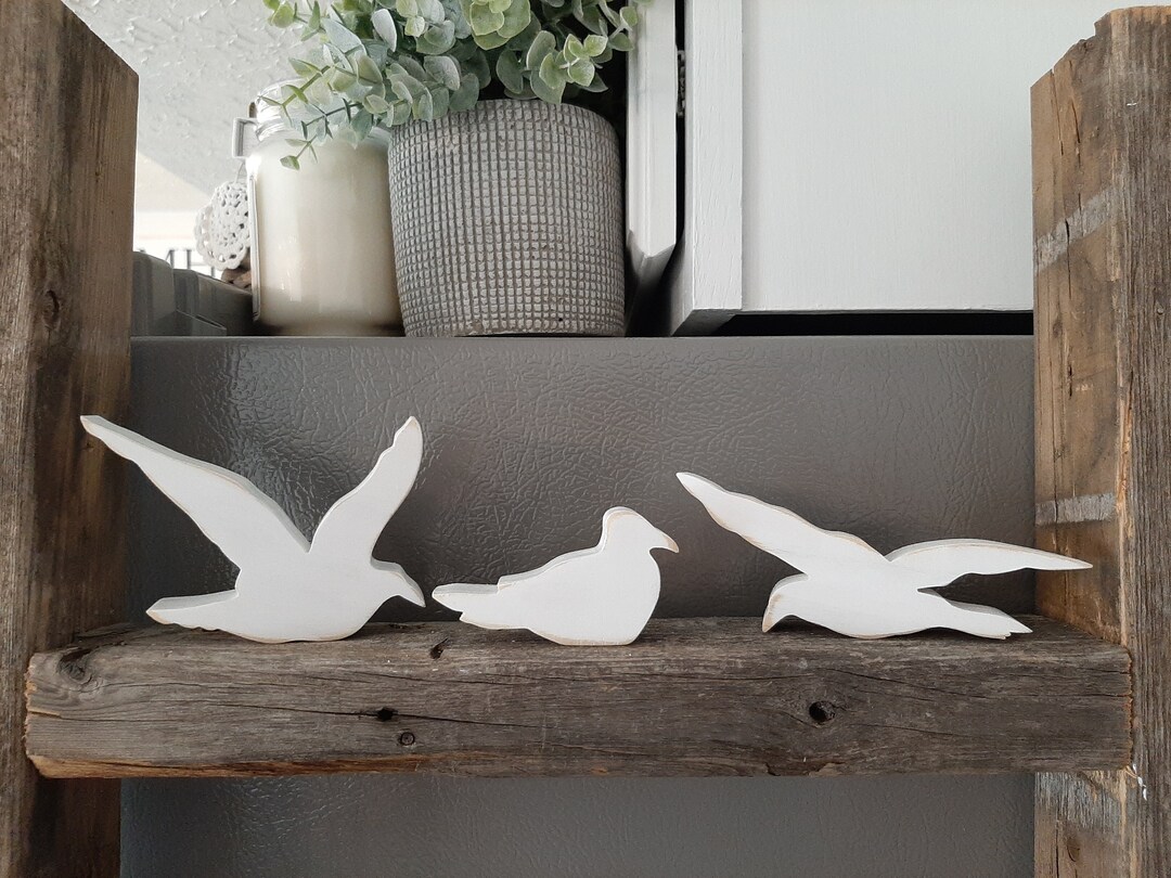Set of 3 Small White Wood Seagulls Seagull Decor Seagull Gift Chunky ...