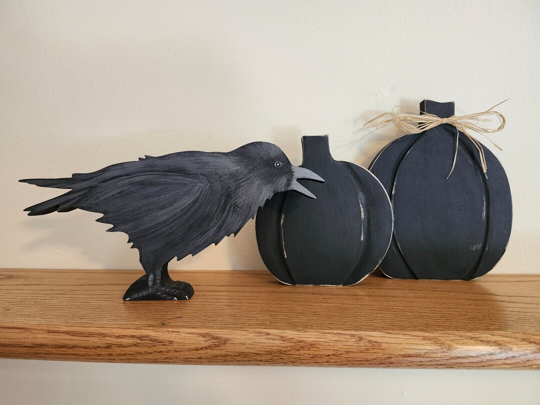 Hand Painted Chunky Wood Crow With Black Pumpkins Wood Halloween Decor ...