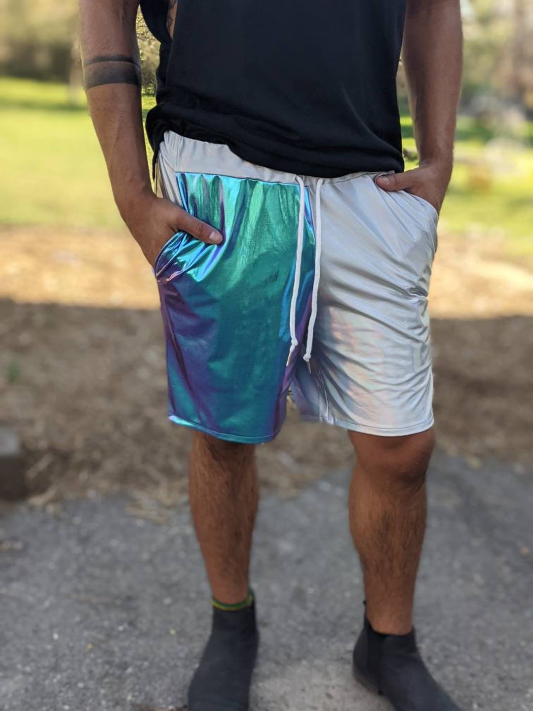 Two Toned Holographic Men's Shorts| Yin Yang Rave Shorts Iridescent ...