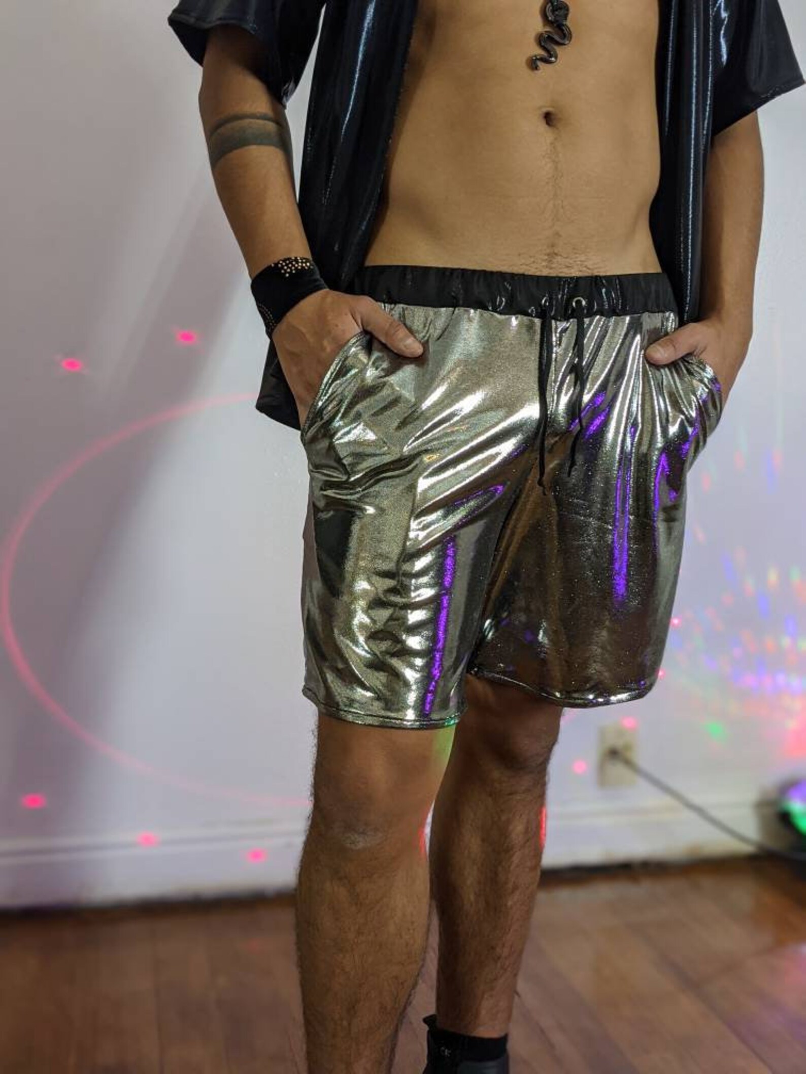 Silver Iridescent Rave Shorts: Men's Holographic Drawstring Shorts - Etsy