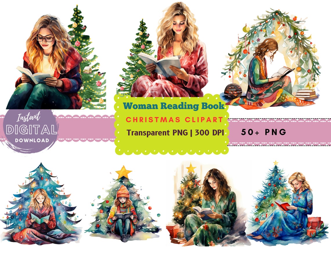 Woman Reading Book Christmas Clipart Christmas Watercolor Woman Reading ...