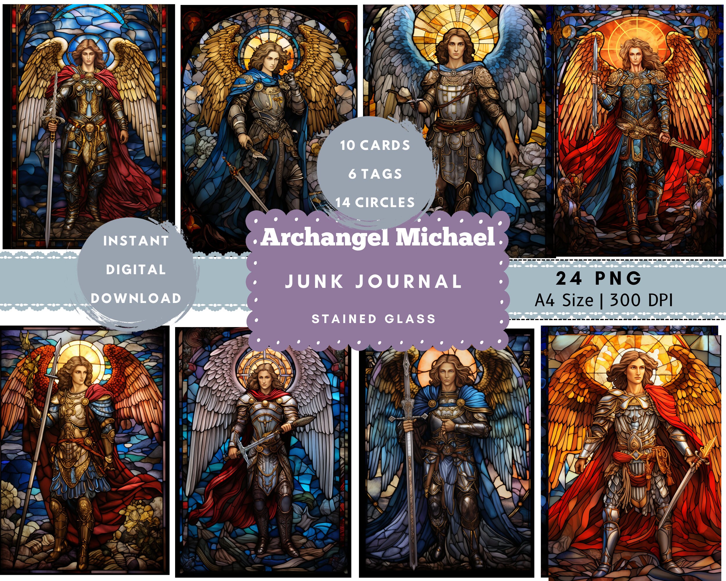 Archangel Michael Stained Glass Junk Journal Pages Bundle Stained Glass ...