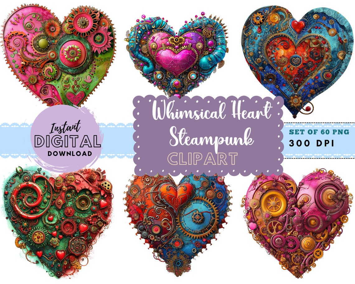 Whimsical Heart Clipart PNG Heart Clipart Bundle Steampunk Heart ...