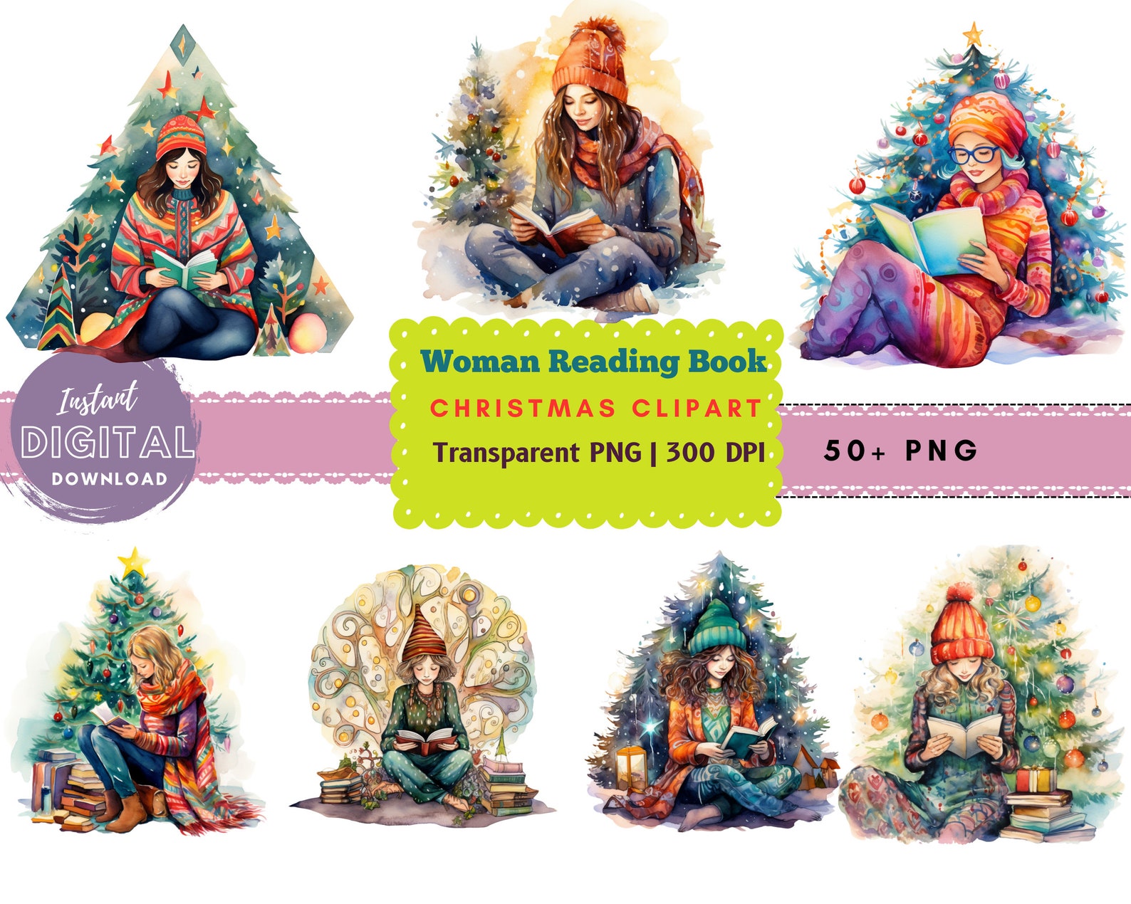 Woman Reading Book Christmas Clipart Christmas Watercolor Woman Reading ...