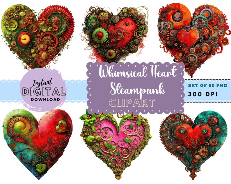 Whimsical Heart Clipart PNG Heart Clipart Bundle Steampunk Heart ...