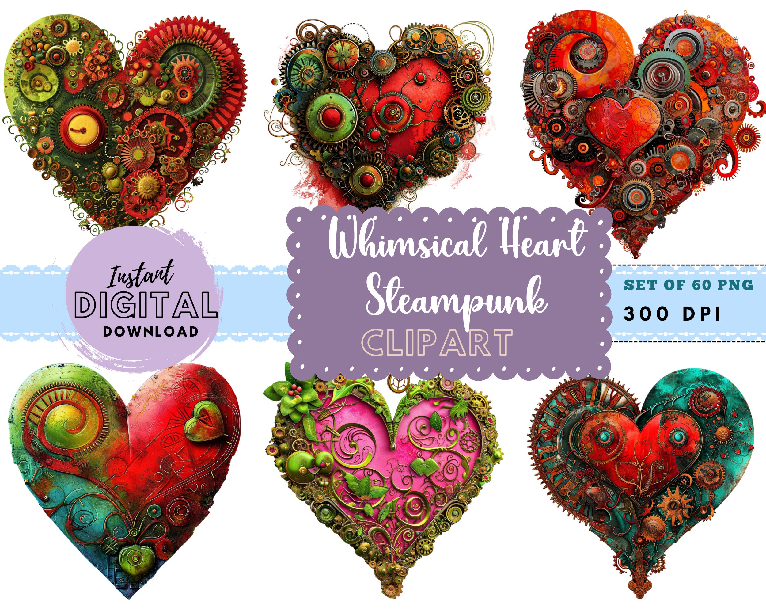 Whimsical Heart Clipart PNG Heart Clipart Bundle Steampunk Heart ...