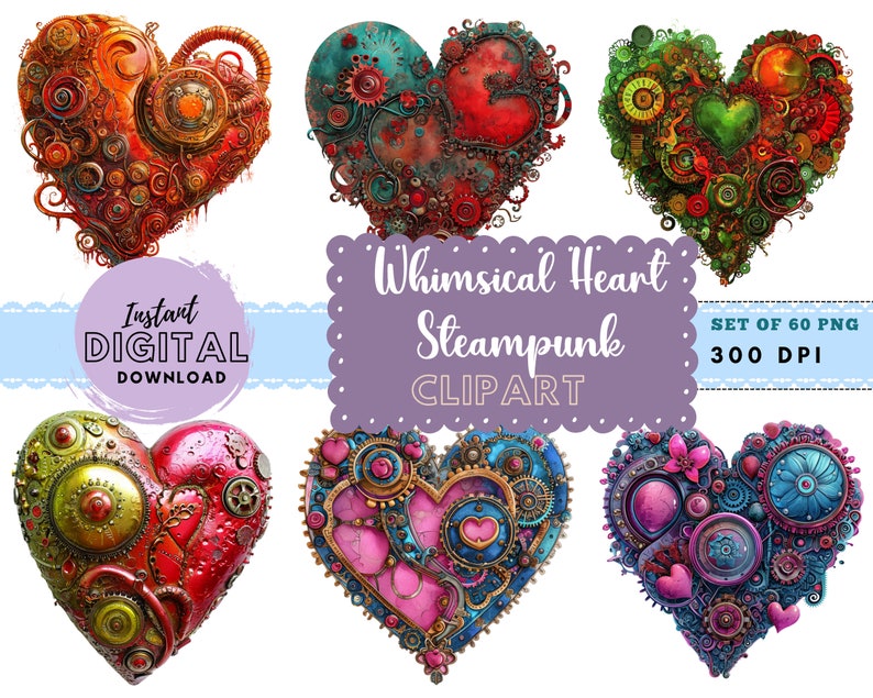 Whimsical Heart Clipart PNG Heart Clipart Bundle Steampunk Heart ...