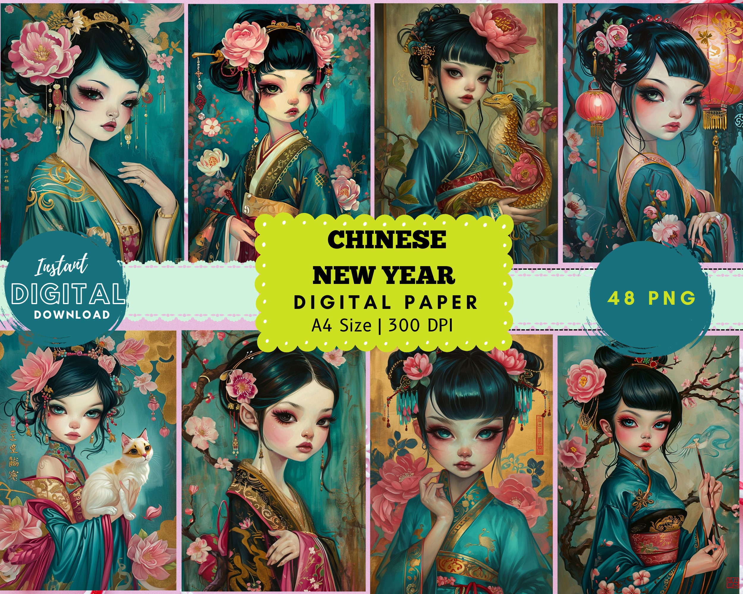 Whimsical Chinese New Year Digital Paper Whimsical Chinese New Year ...