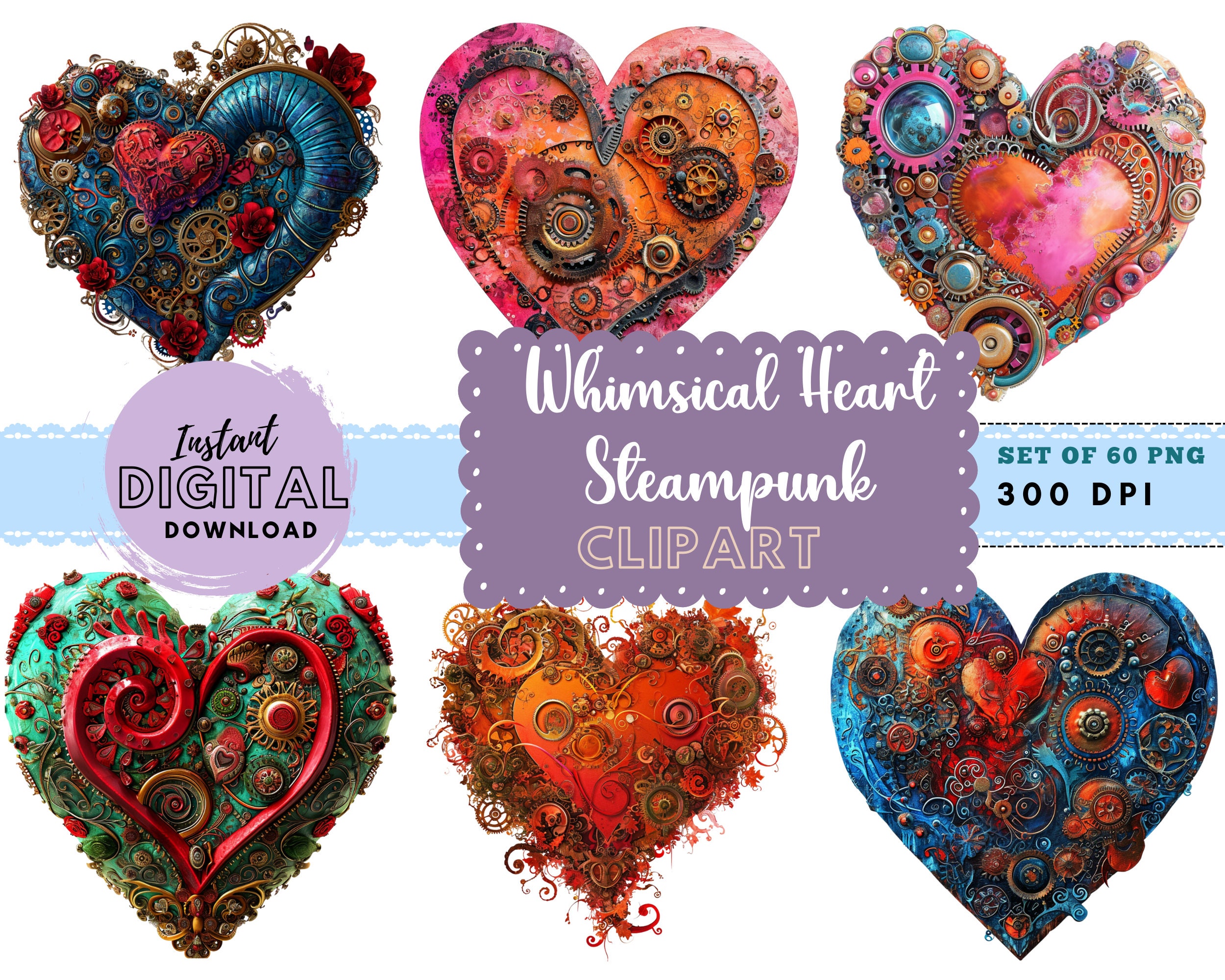 Whimsical Heart Clipart PNG Heart Clipart Bundle Steampunk Heart ...