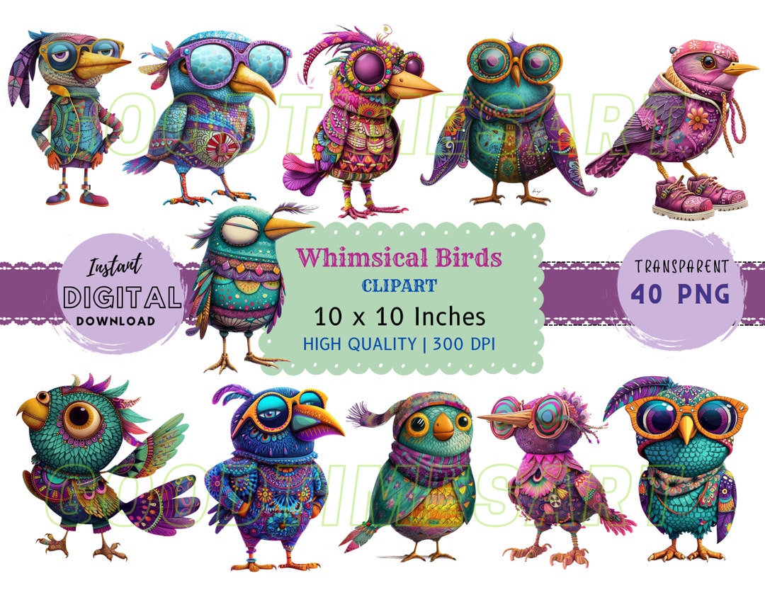 Whimsical Birds Clipart PNG Whimsical Fashion Birds Clipart Bundle ...