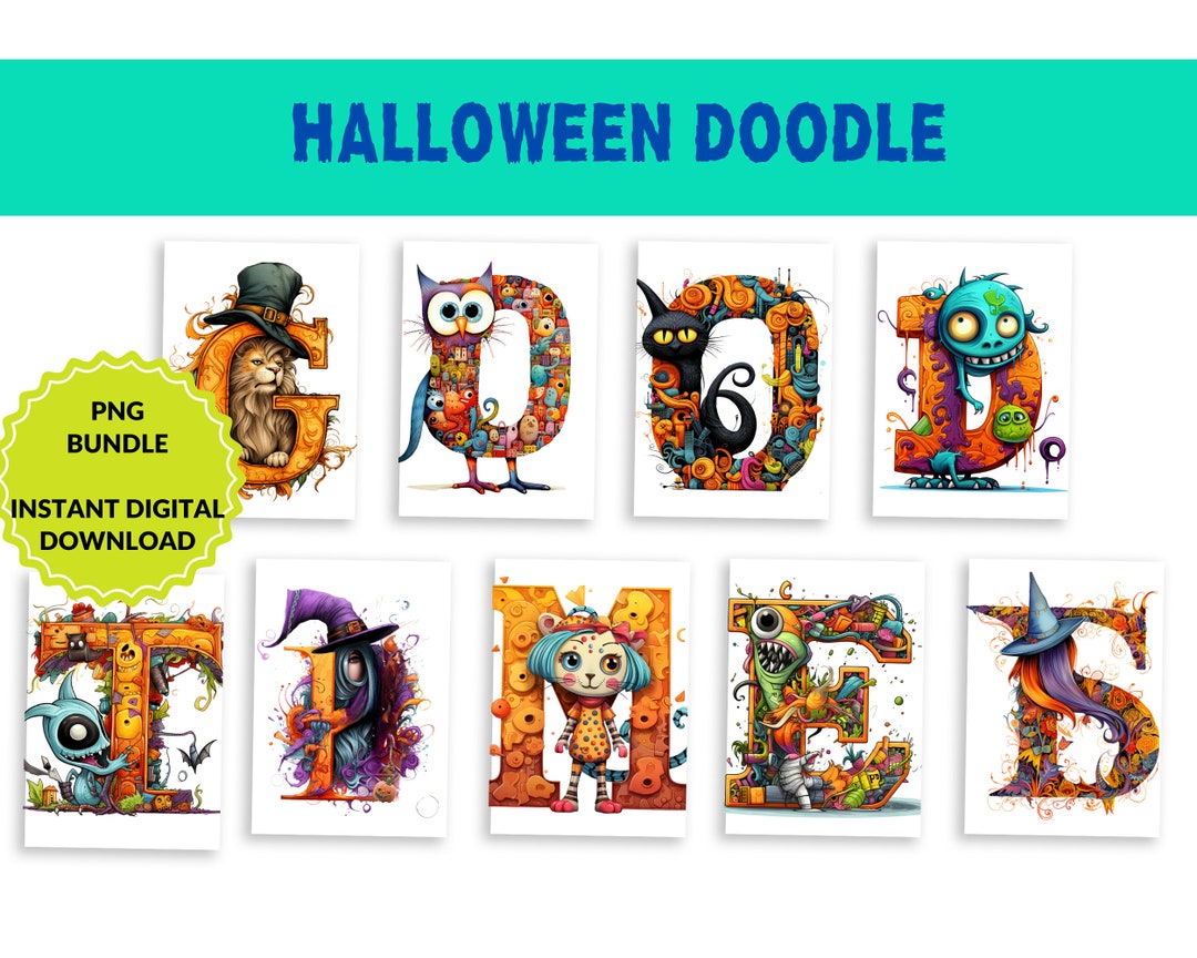 Halloween Doodle Alphabets Clipart Bundle A-Z Halloween - Etsy
