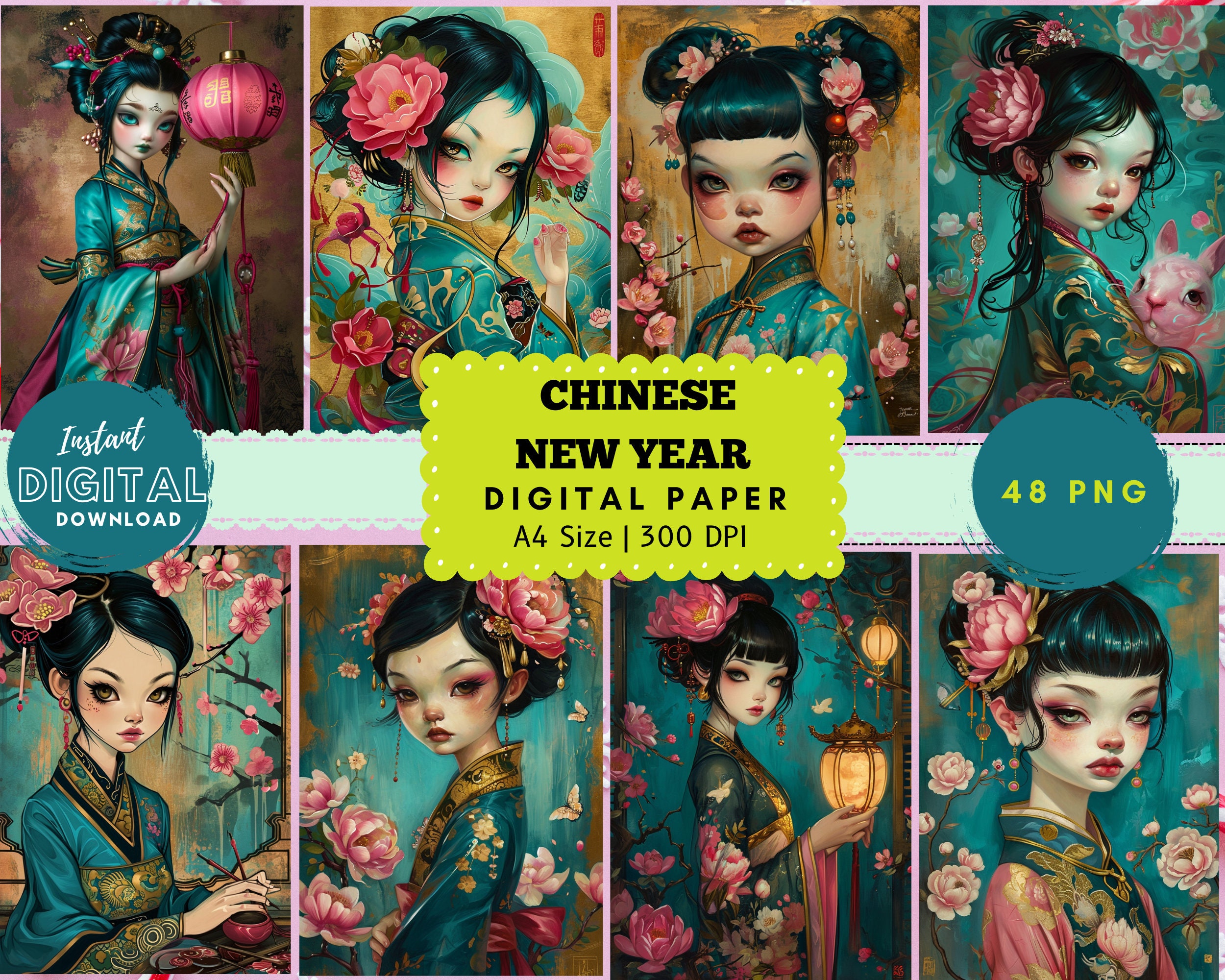 Whimsical Chinese New Year Digital Paper Whimsical Chinese New Year ...
